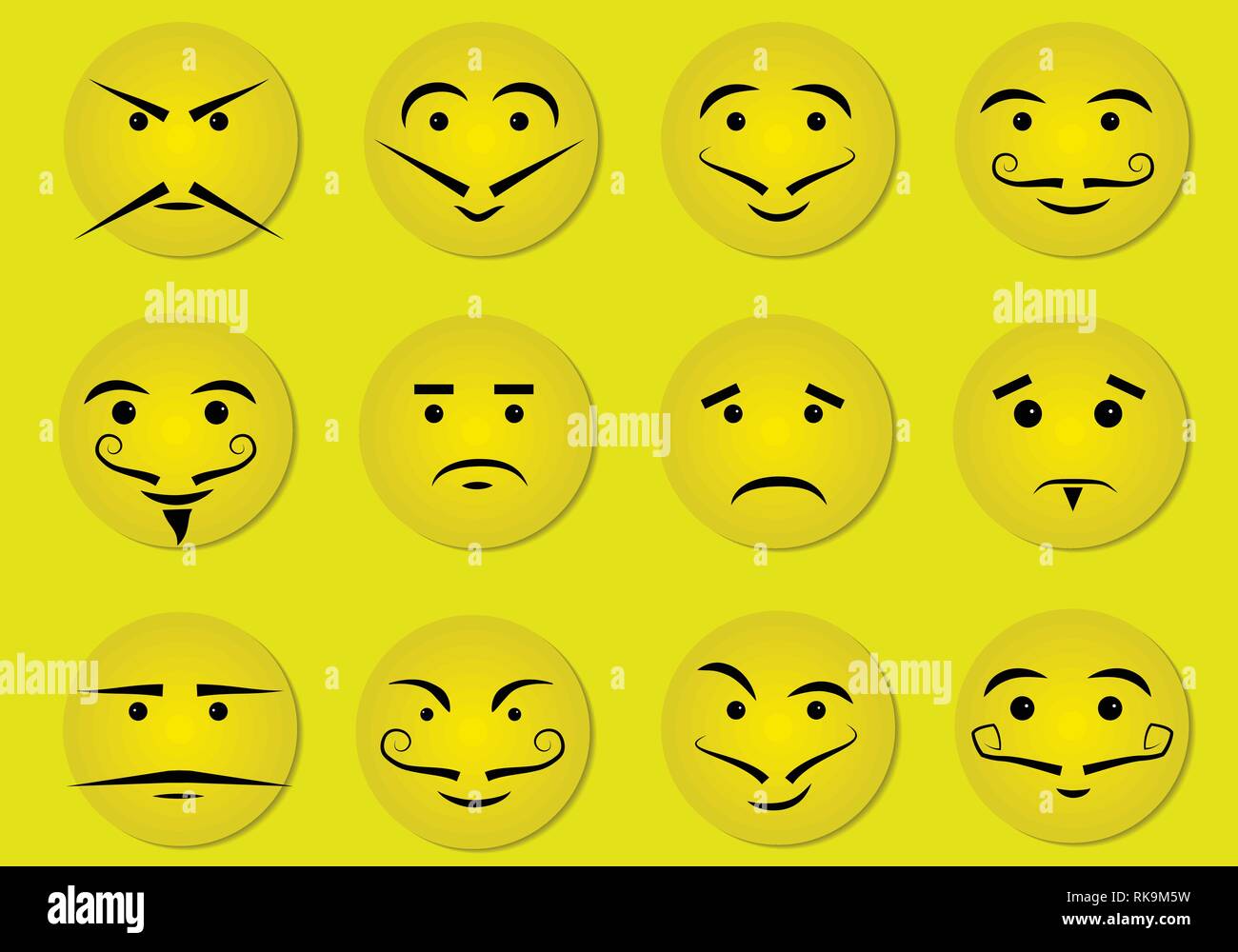 Set with yellow circles with human faces. A variety of facial ...