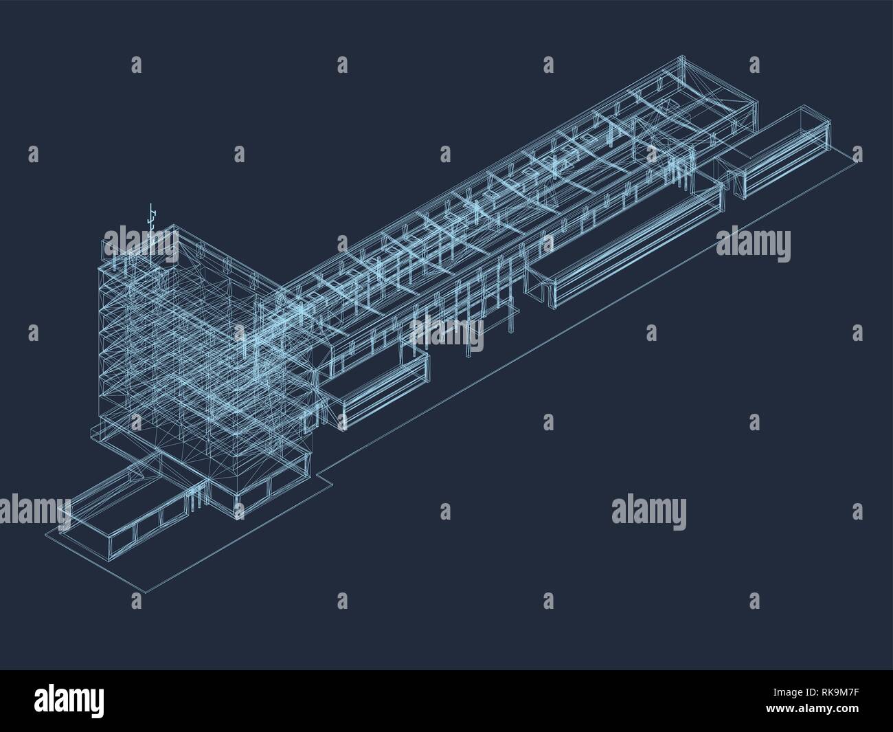 Isometric building. Wireframe of the industrial building on a dark blue ...