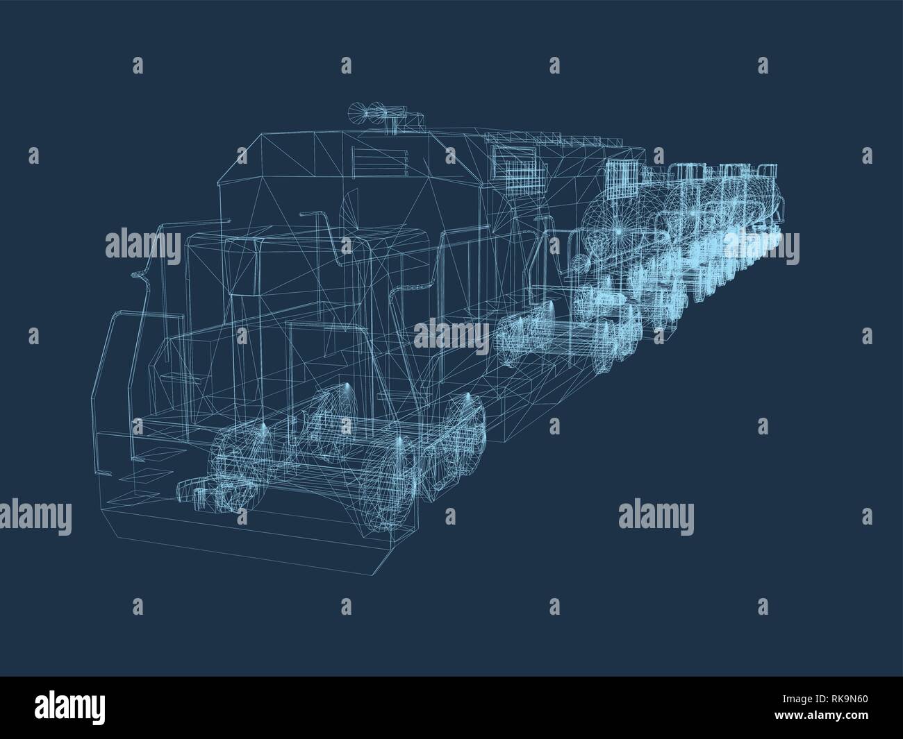 Train wireframe. Polygonal train with cisterns. Train of blue lines on ...