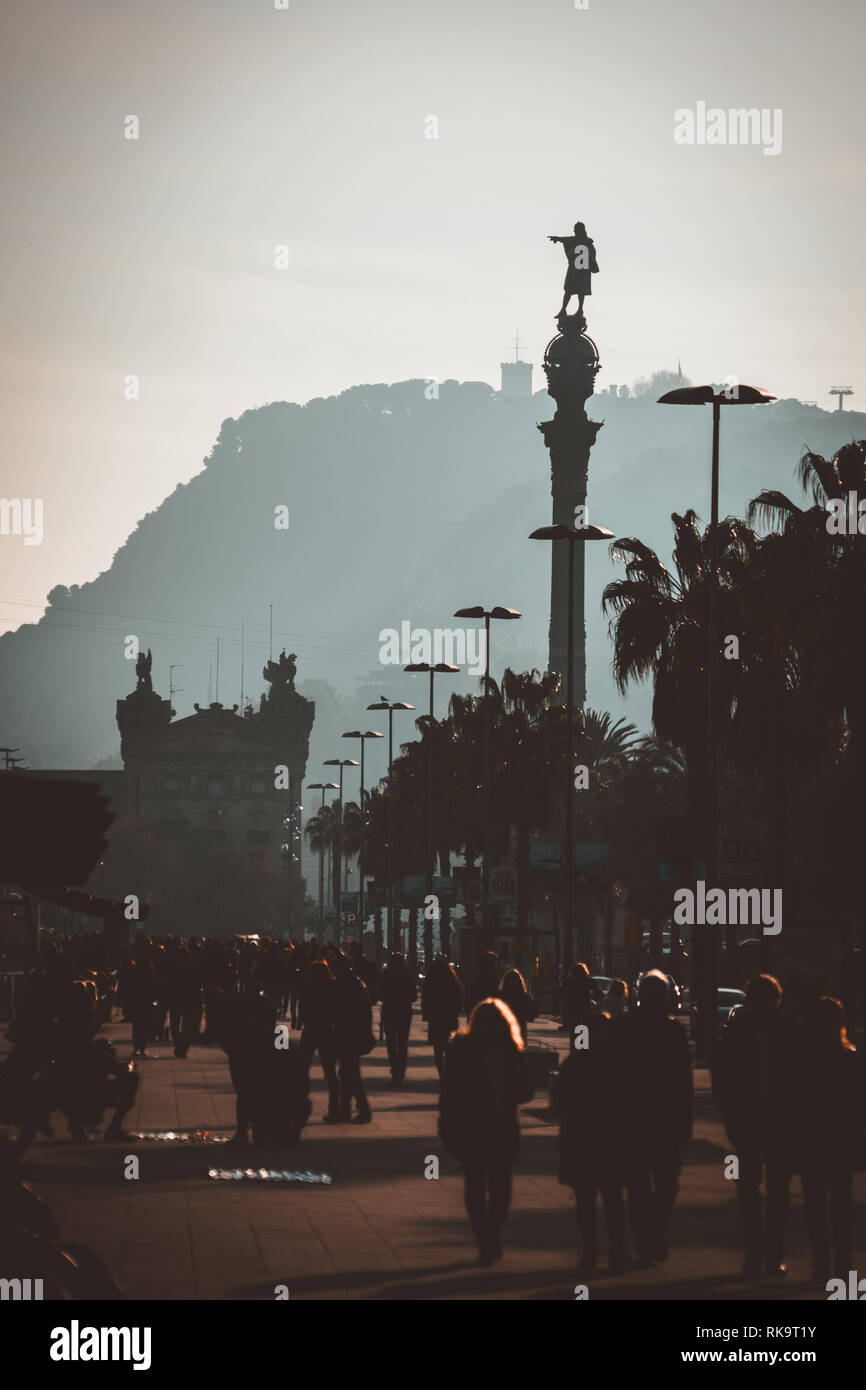 Orange and teal backlighting view of Passeig de Colom and the Columbus ...
