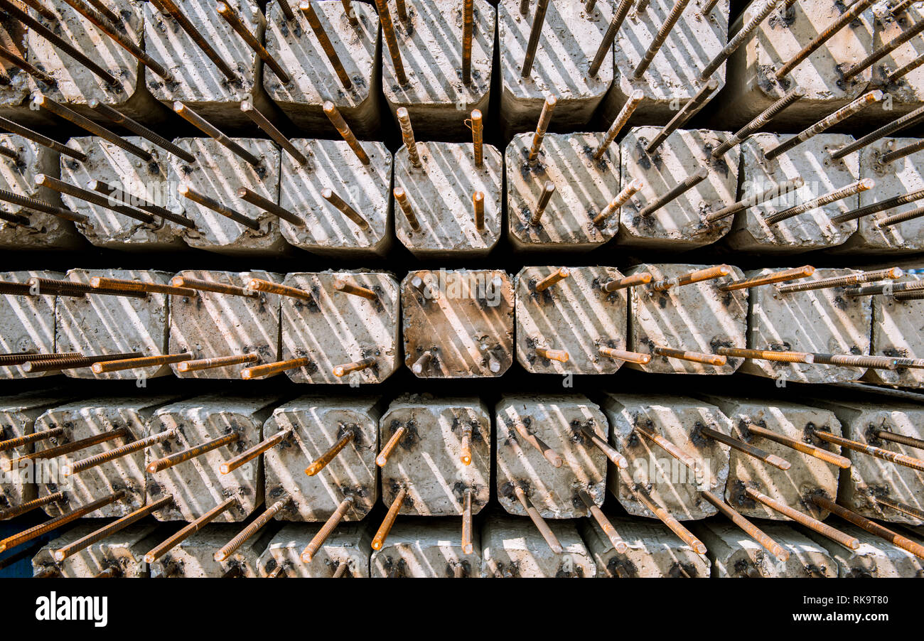 construction concrete stake with steel bar in storage Stock Photo - Alamy