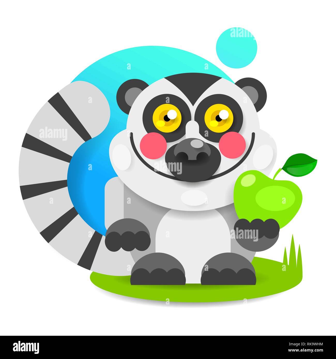 Cheerful Lemur With Pink Cheeks Sits On The Grass And Smiles. Vector ...