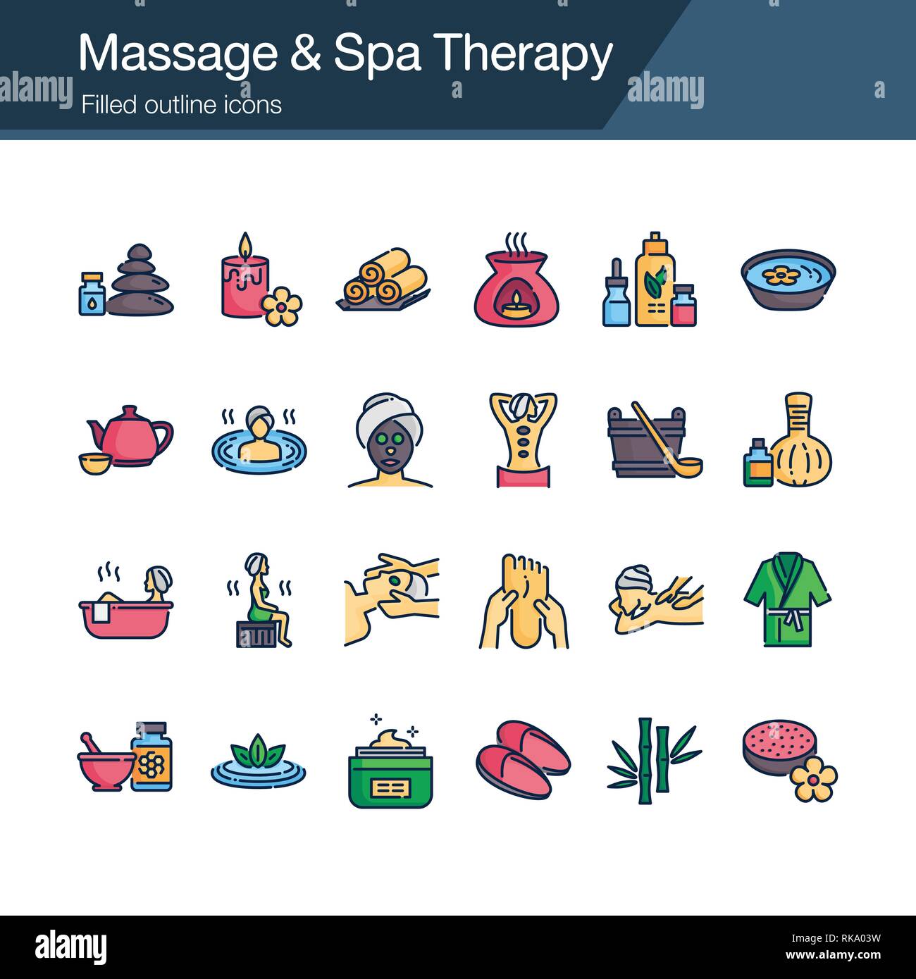 Massage and Spa Therapy icons. Filled outline design. For presentation, graphic design, mobile ...