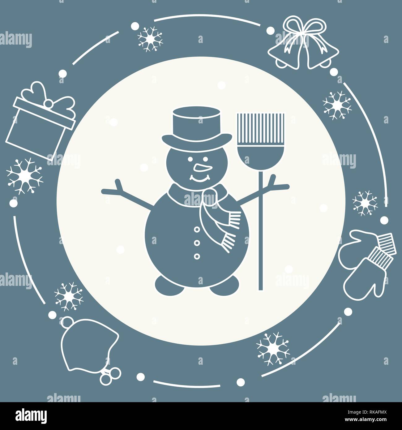 Vector illustration: snowman in hat with broom, gift, rings, mittens ...