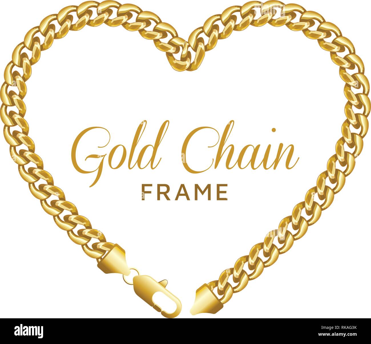 Gold chain heart love border frame. Wreath shape with a lobster lock ...