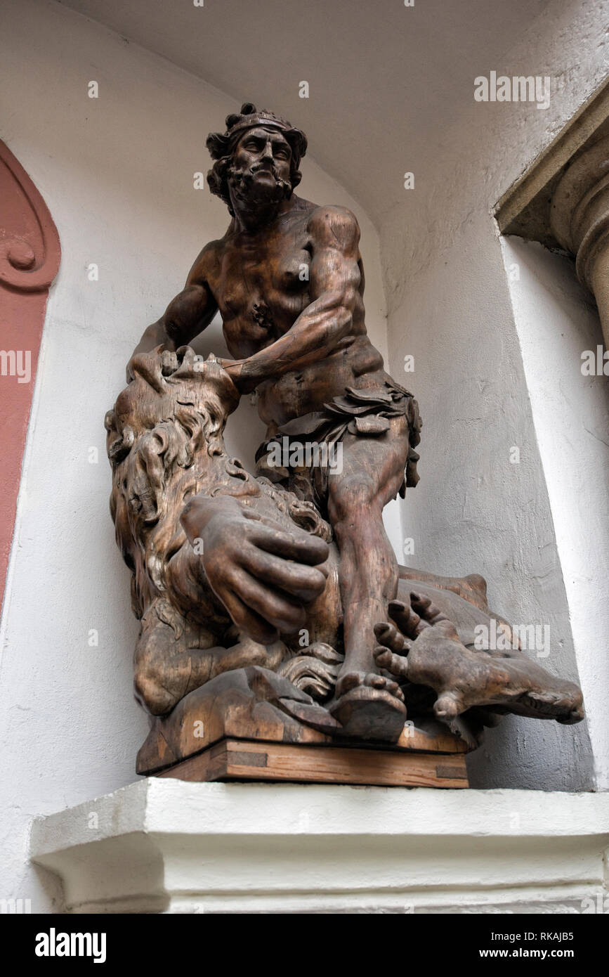 Prague, Czech Republic December 2018. wooden sculpture of Samson ...