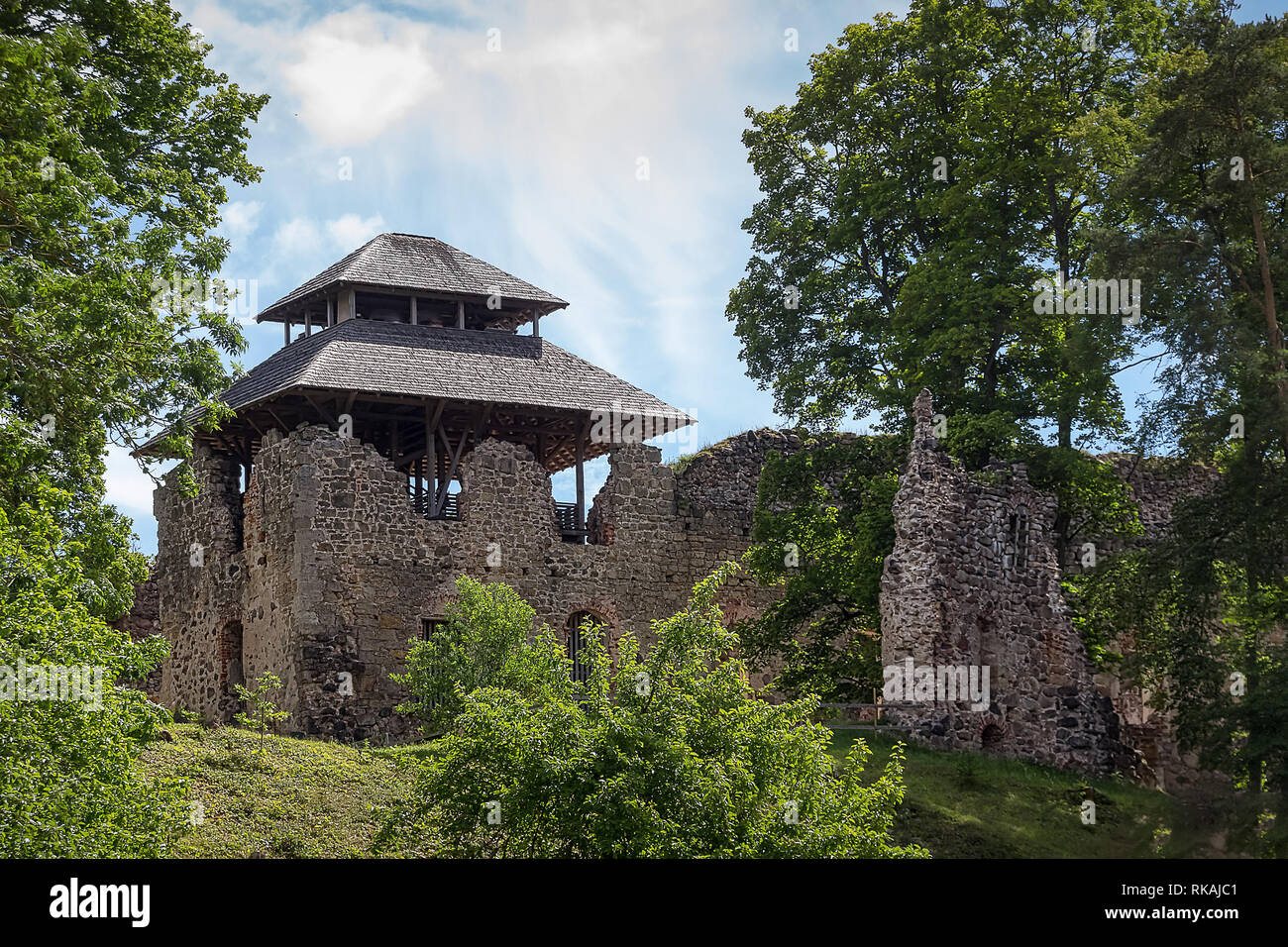 Ruins of the medieval castle with a view tower in Rauna, Latvia Stock ...