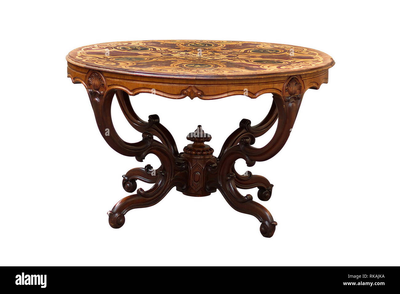 Antique round marquetry table against white background Stock Photo - Alamy