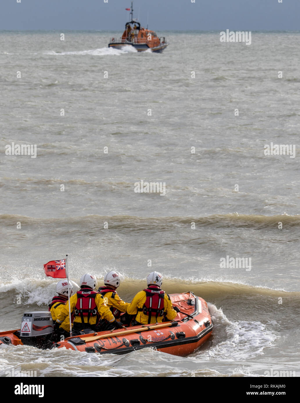 South coast RNLI inshore lifeboat crew training session. Eastbourne, UK ...