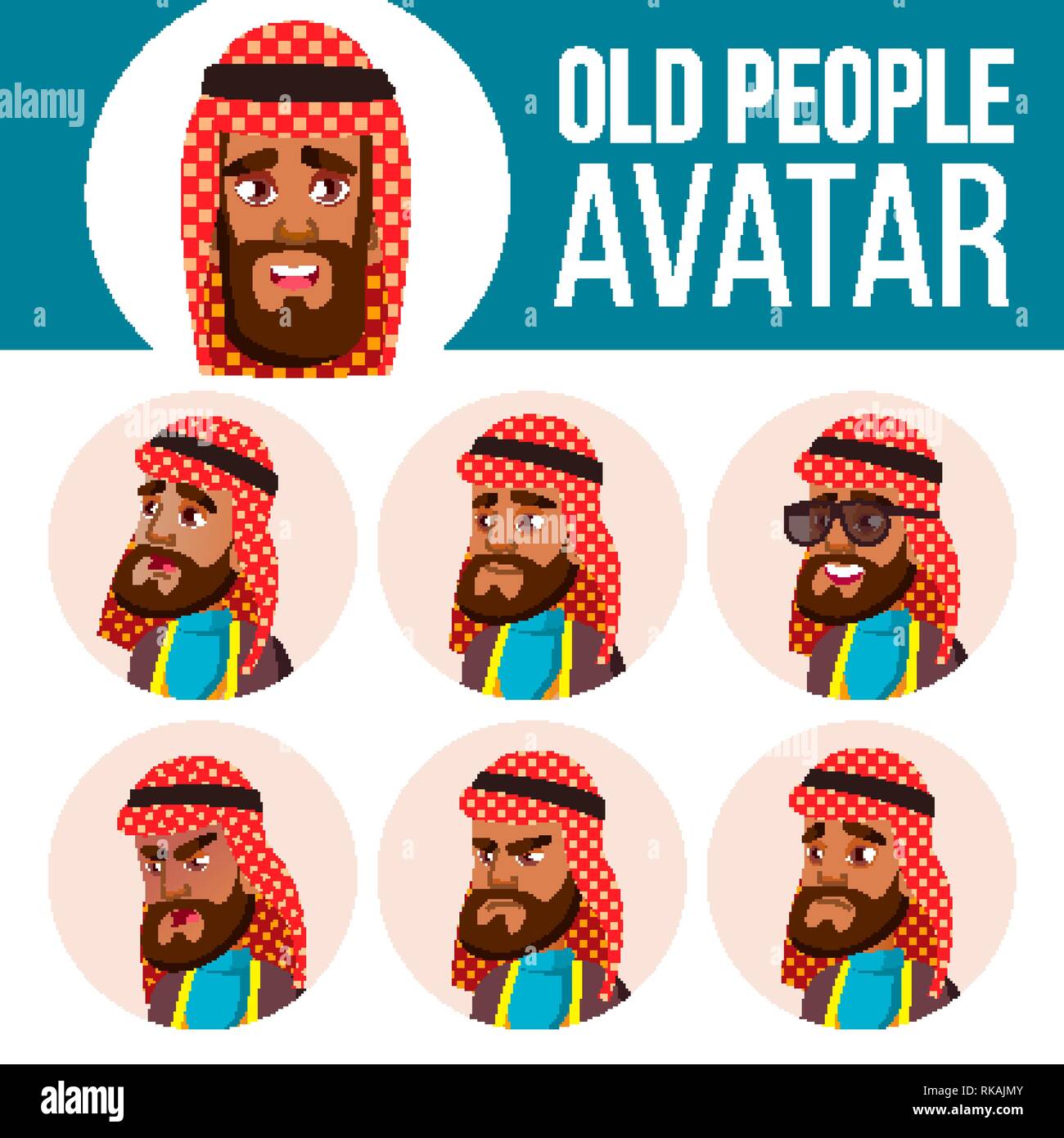 Arab, Muslim Old Man Avatar Set Vector. Face Emotions. Senior Person ...