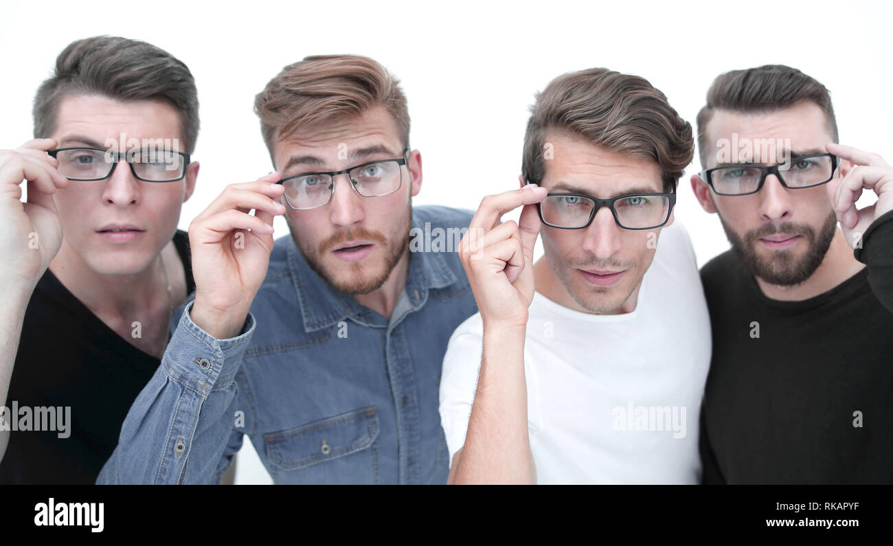 team of businessmen adjusts glasses standing on white background Stock ...