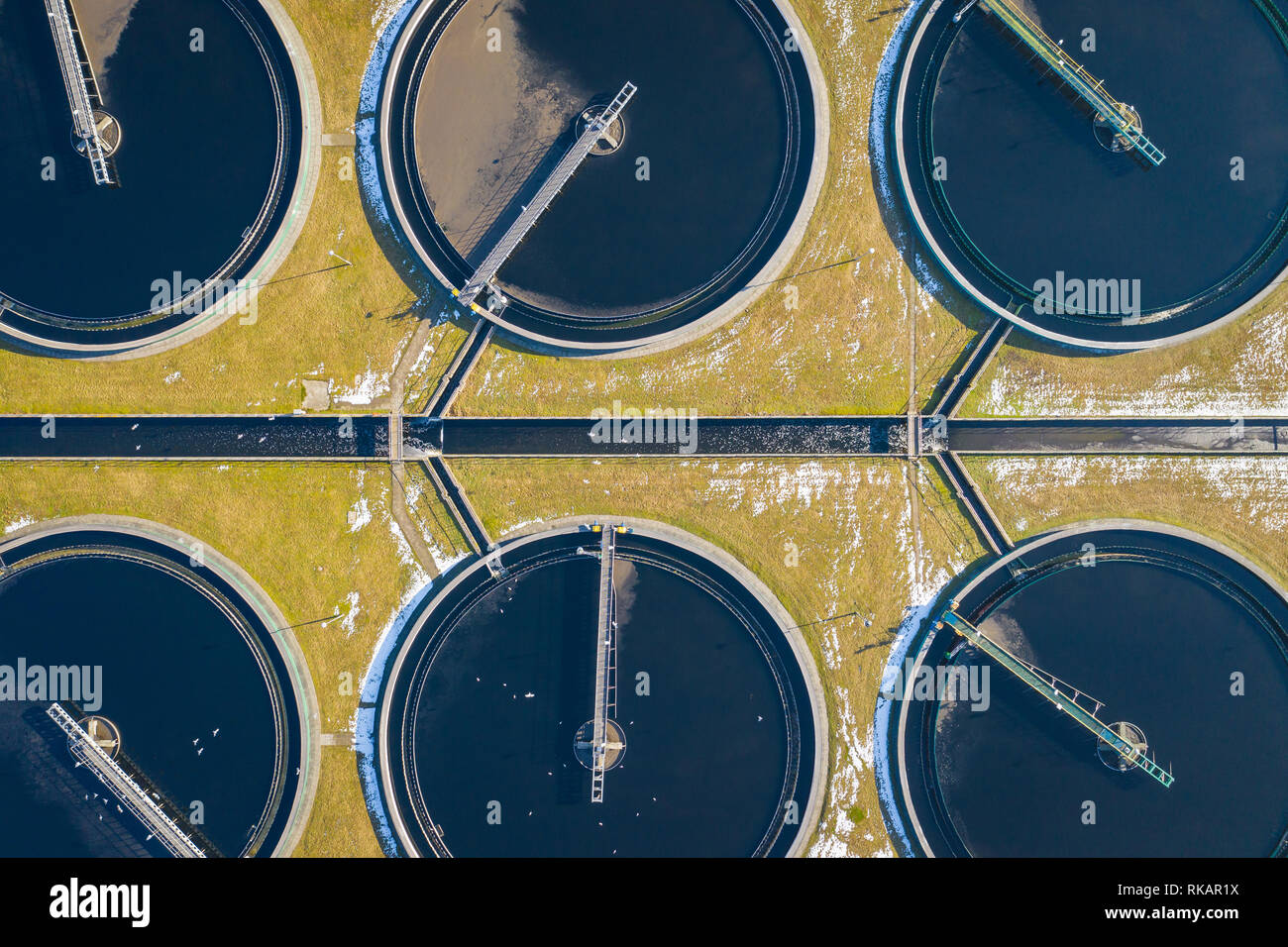 Sewage farm. Static aerial photo looking down onto the clarifying tanks ...