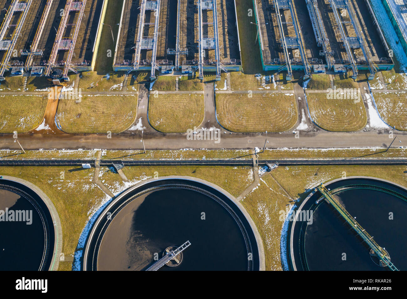 Sewage farm. Static aerial photo looking down onto the clarifying tanks ...