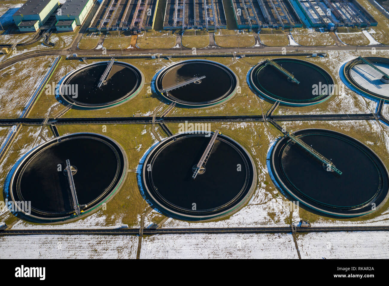 Sewage farm. Static aerial photo looking down onto the clarifying tanks ...