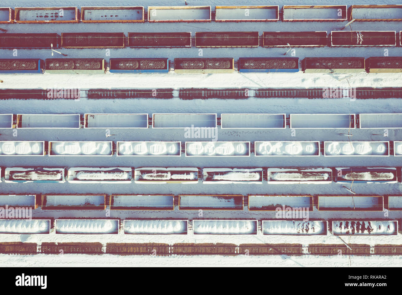 Top view of cargo trains. Aerial view from above. Photo captured with ...