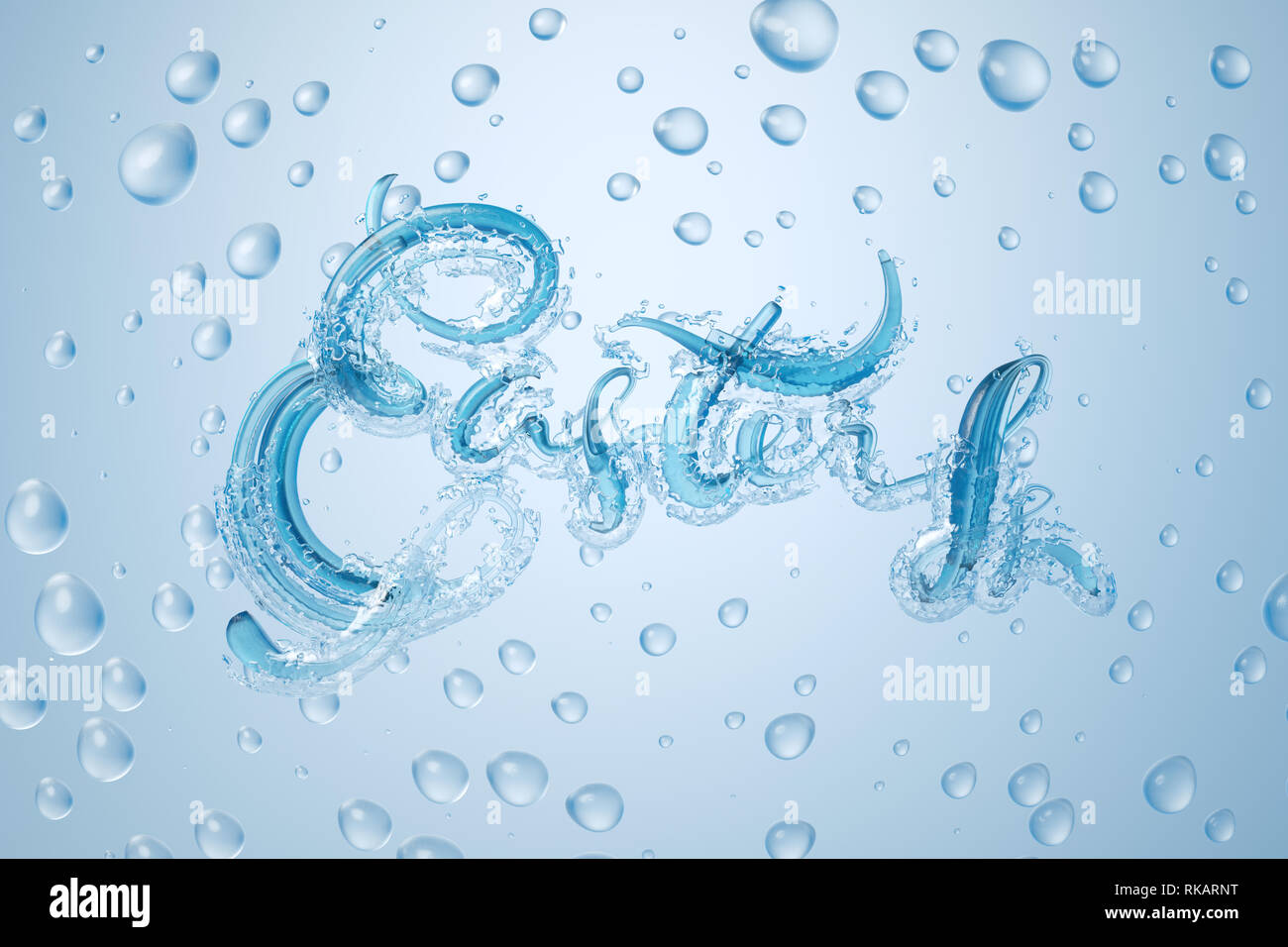 Happy Easter background with glass word decorated by eggs, water splash ...