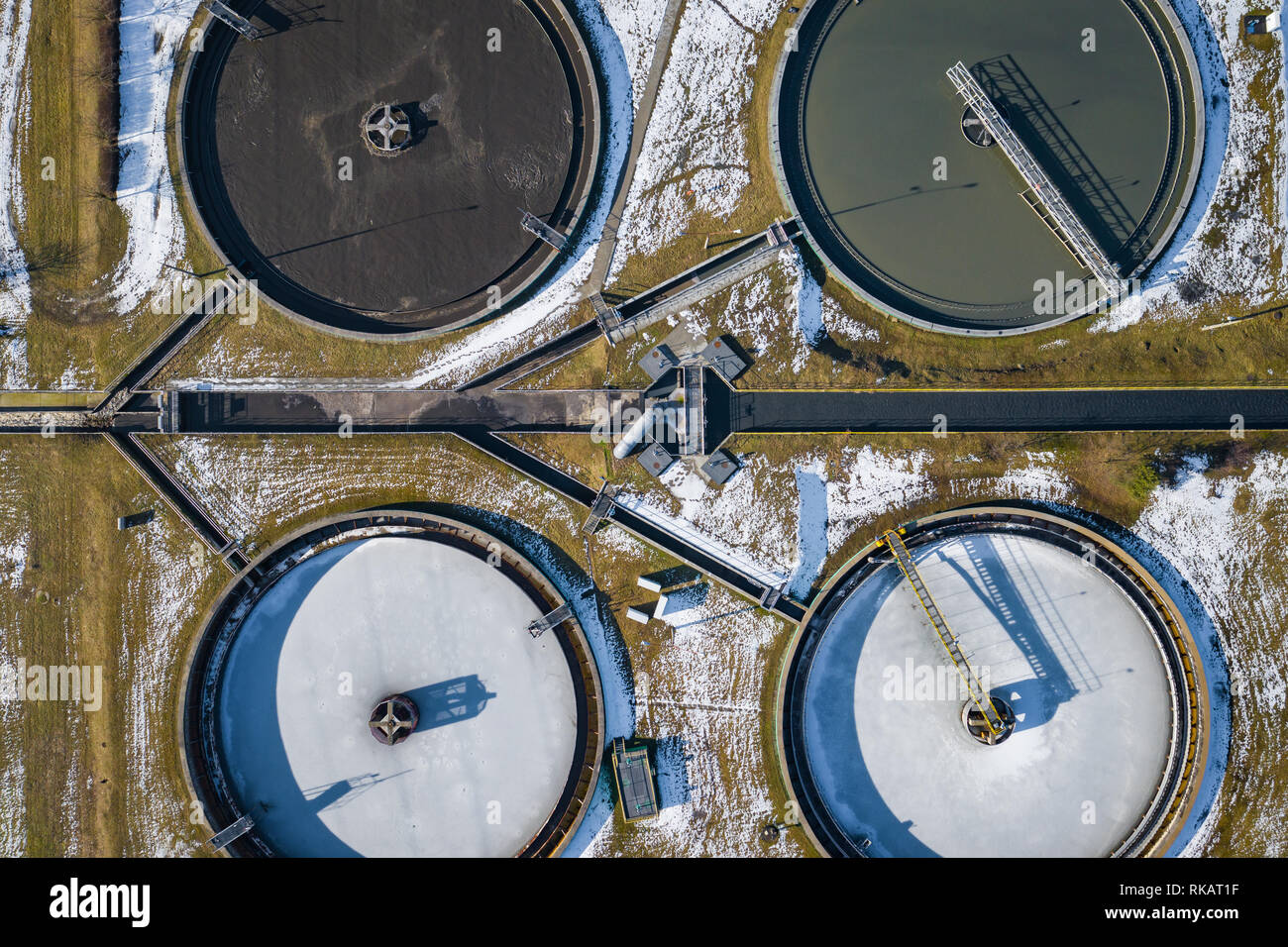 Sewage farm. Static aerial photo looking down onto the clarifying tanks ...