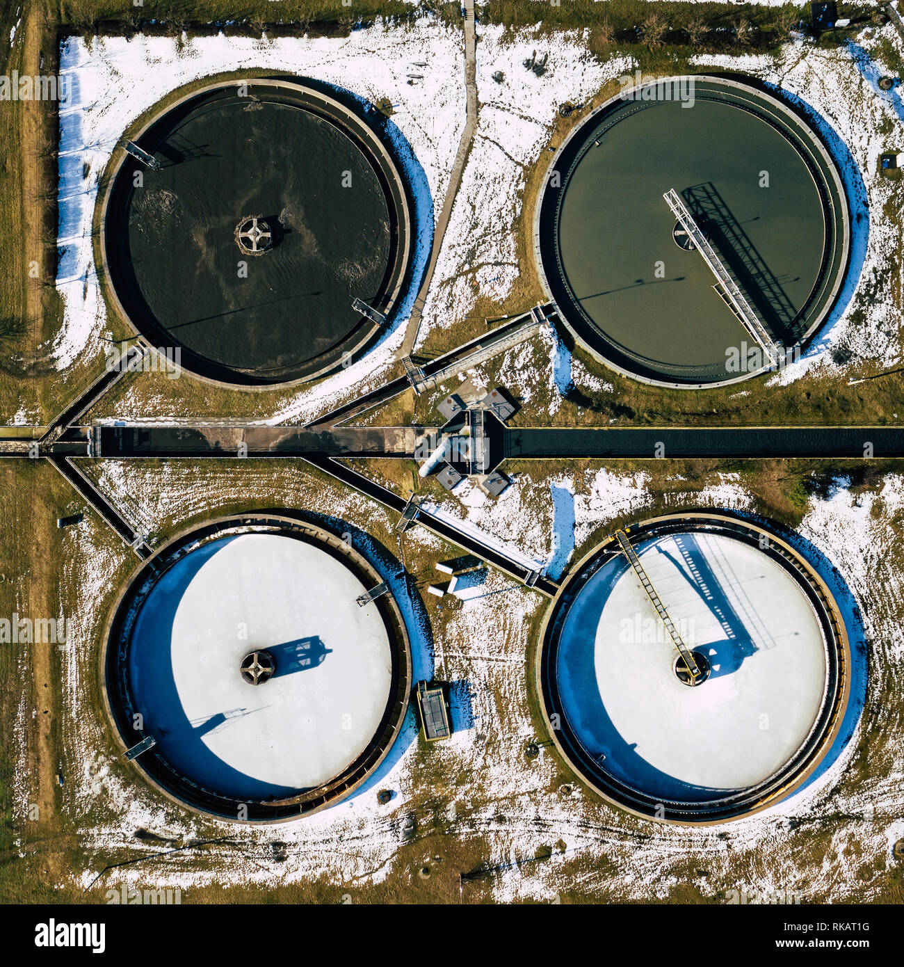 Sewage farm. Static aerial photo looking down onto the clarifying tanks ...