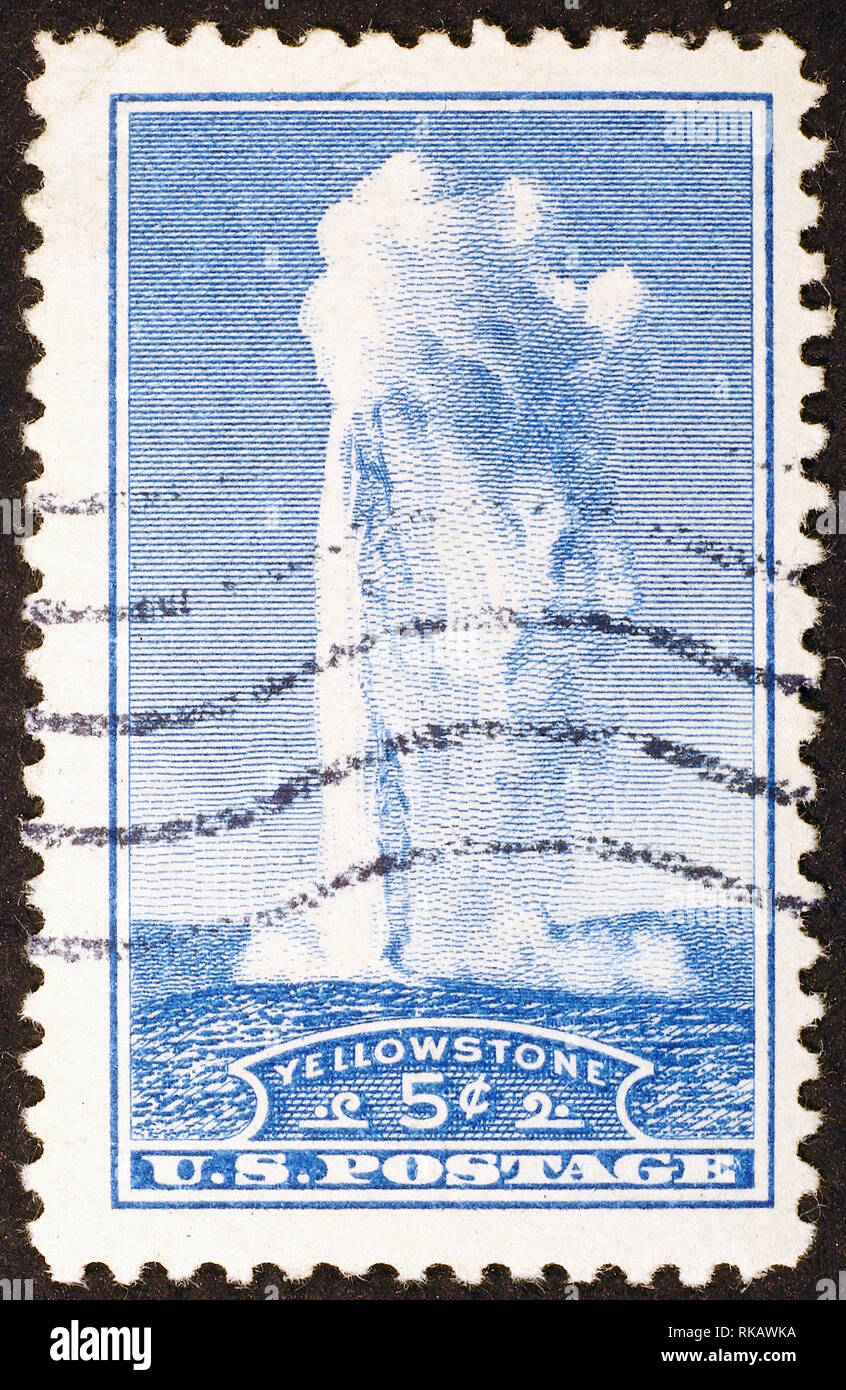 Vintage stamp celebrating Old Faithful geyser in Yellowstone Stock ...