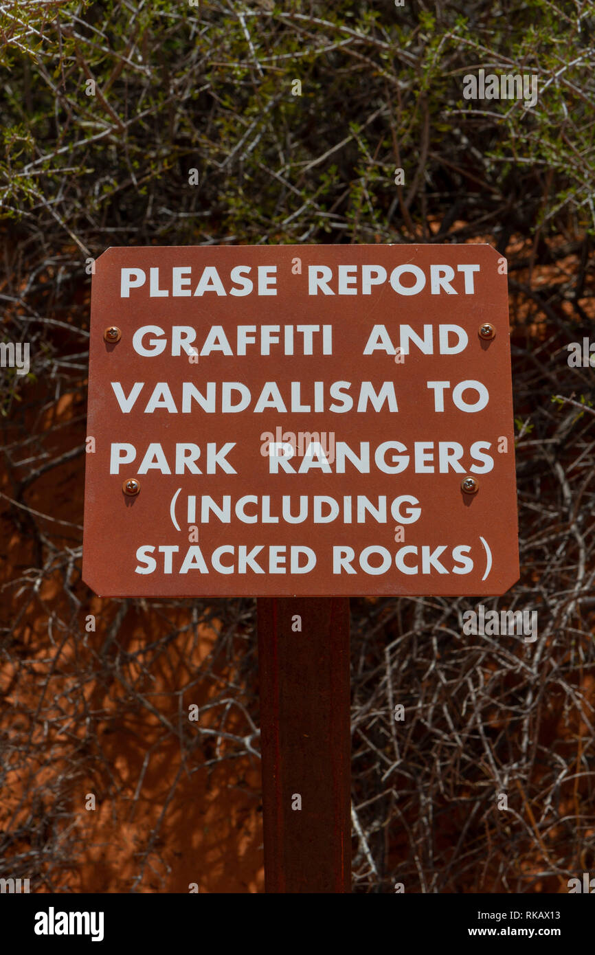 Vandalism of warning sign in Valley of Fire State Park, Nevada, United ...