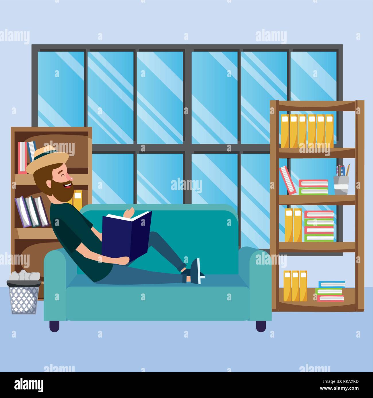young man relax reading book over couch cartoon vector illustration ...