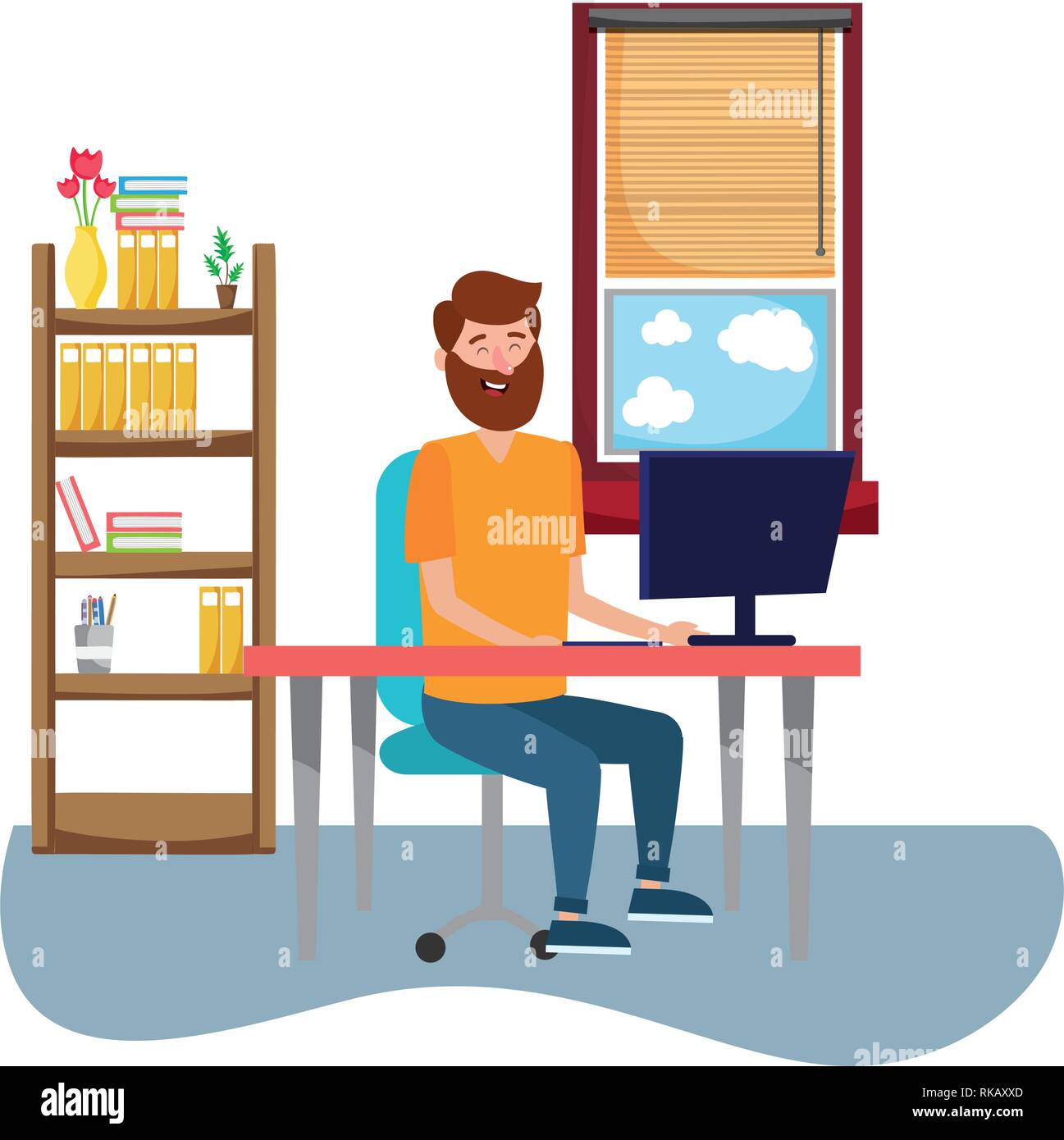 online education man with desk computer cartoon vector illustration ...