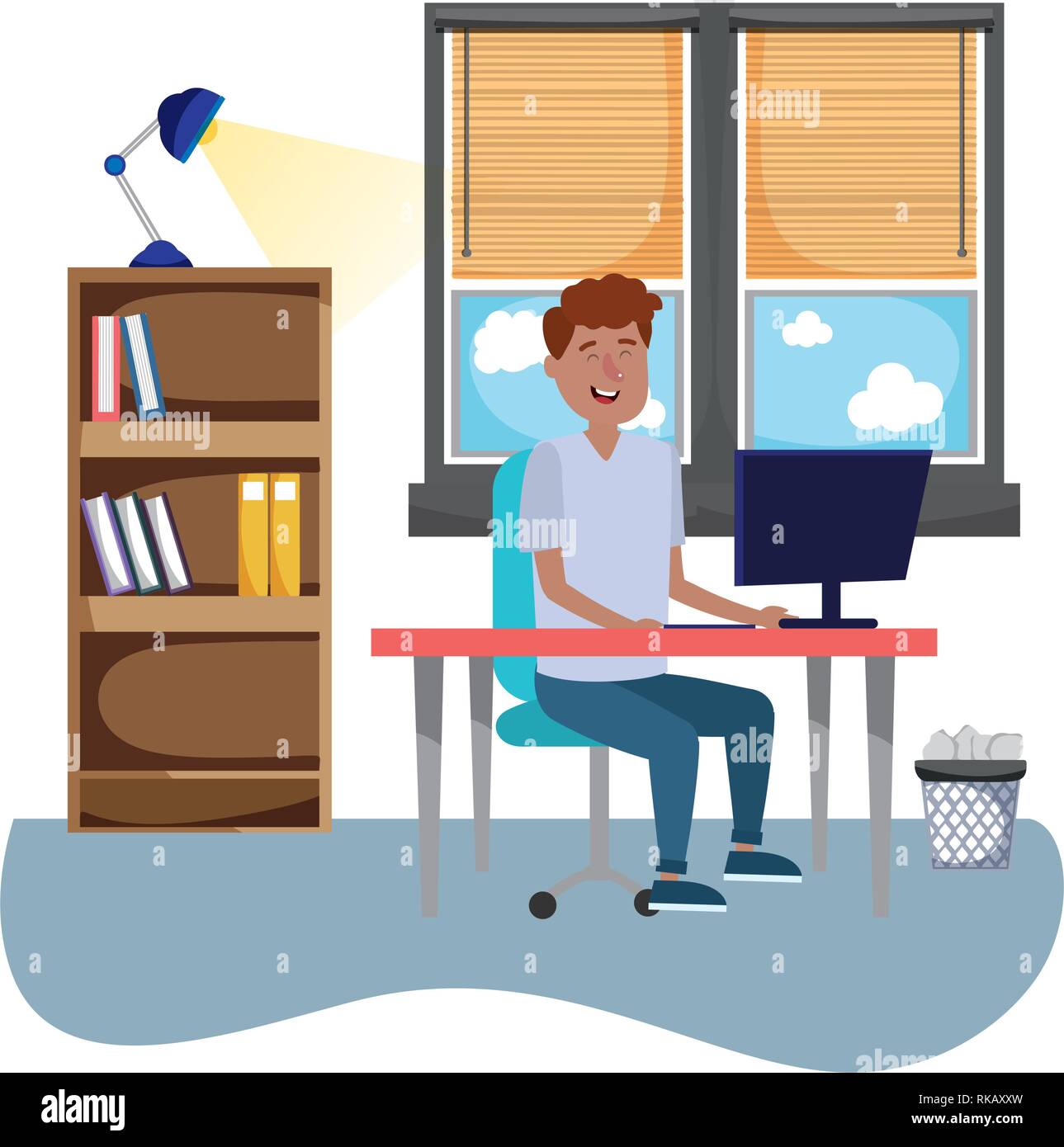 online education man with desk computer cartoon vector illustration ...