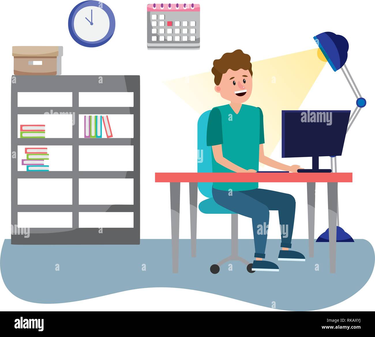 online education man with desk computer cartoon vector illustration ...