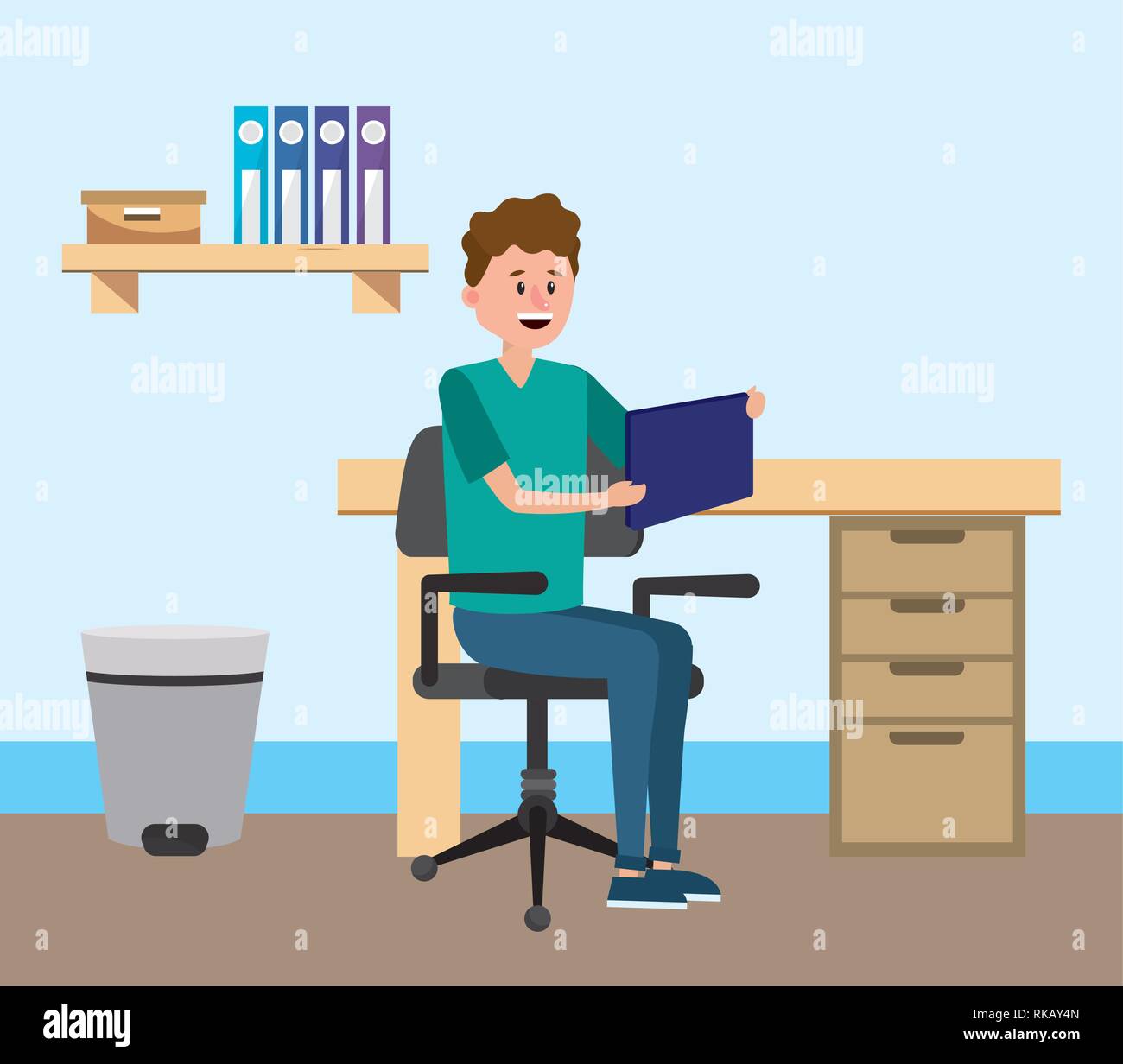 online education man using tablet device at desk cartoon vector ...
