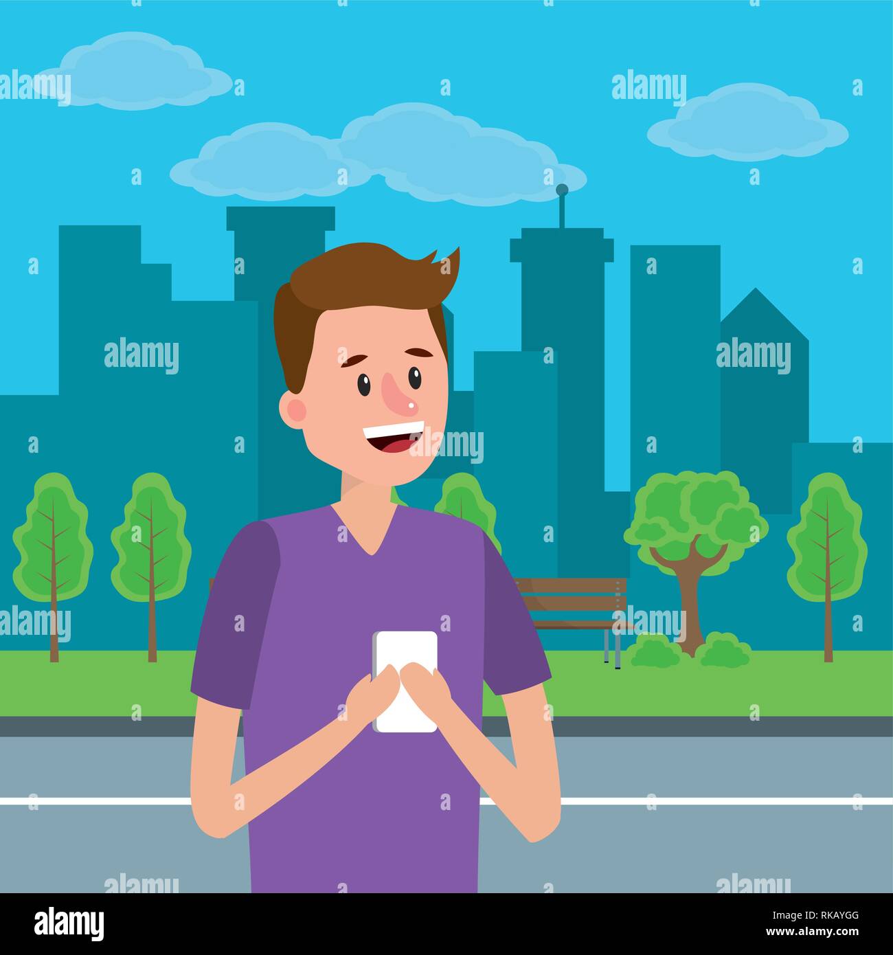 young upperbody man using smartphone device at city park cartoon vector ...
