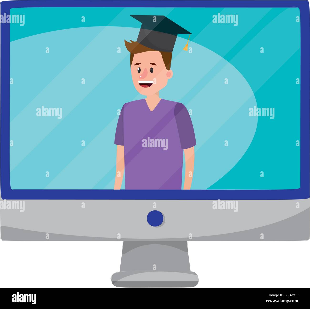 online education man inside computer screen wearing graduation hat ...