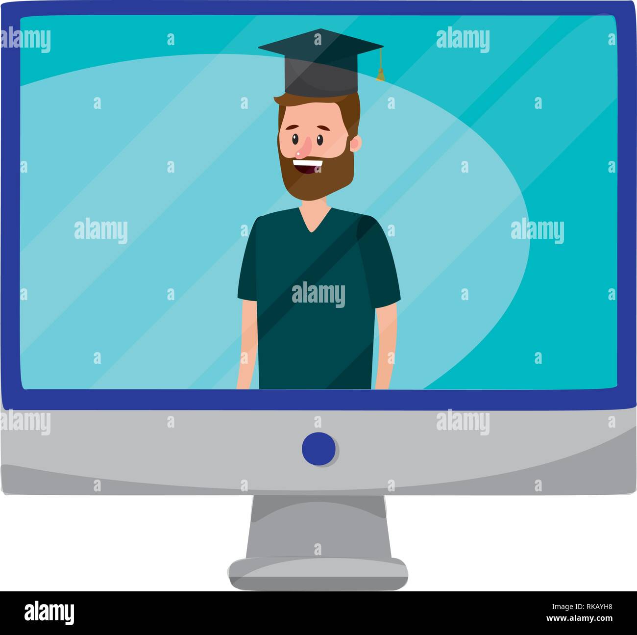 online education man inside computer screen wearing graduation hat ...