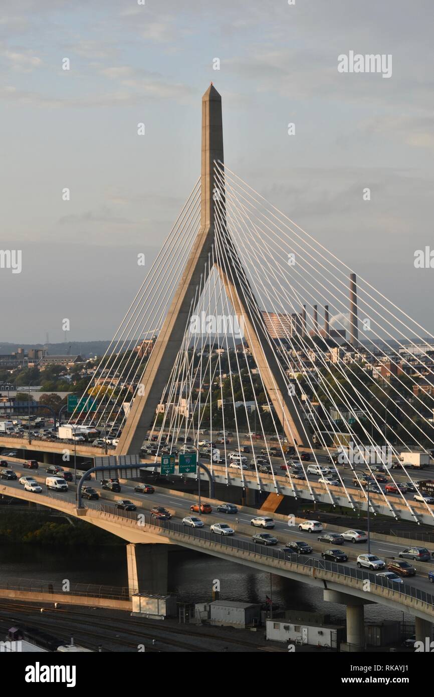 Boston's icon Leonard P. Zakim Bunker Hill Memorial Bridge spanning the ...