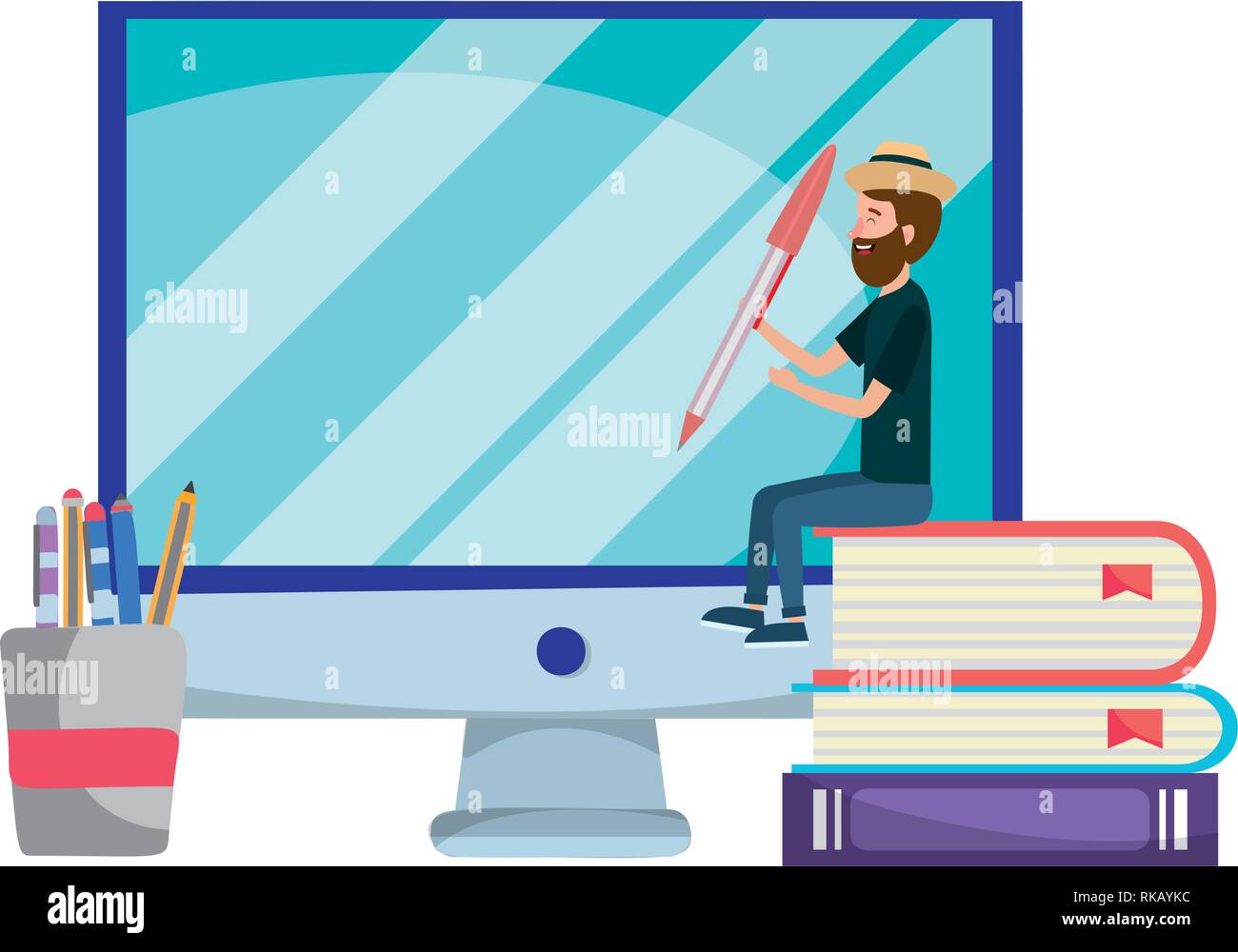 online education man studying with computer cartoon vector illustration ...