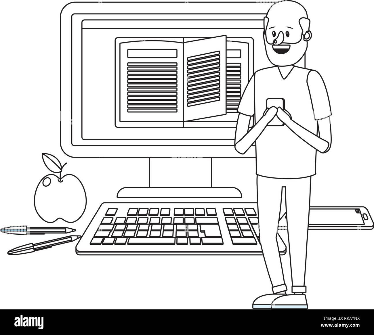 online education man studying with computer cartoon vector illustration ...