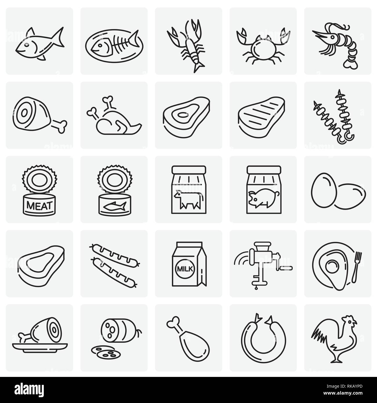 Meat and seafood icons set on squares background for graphic and web ...