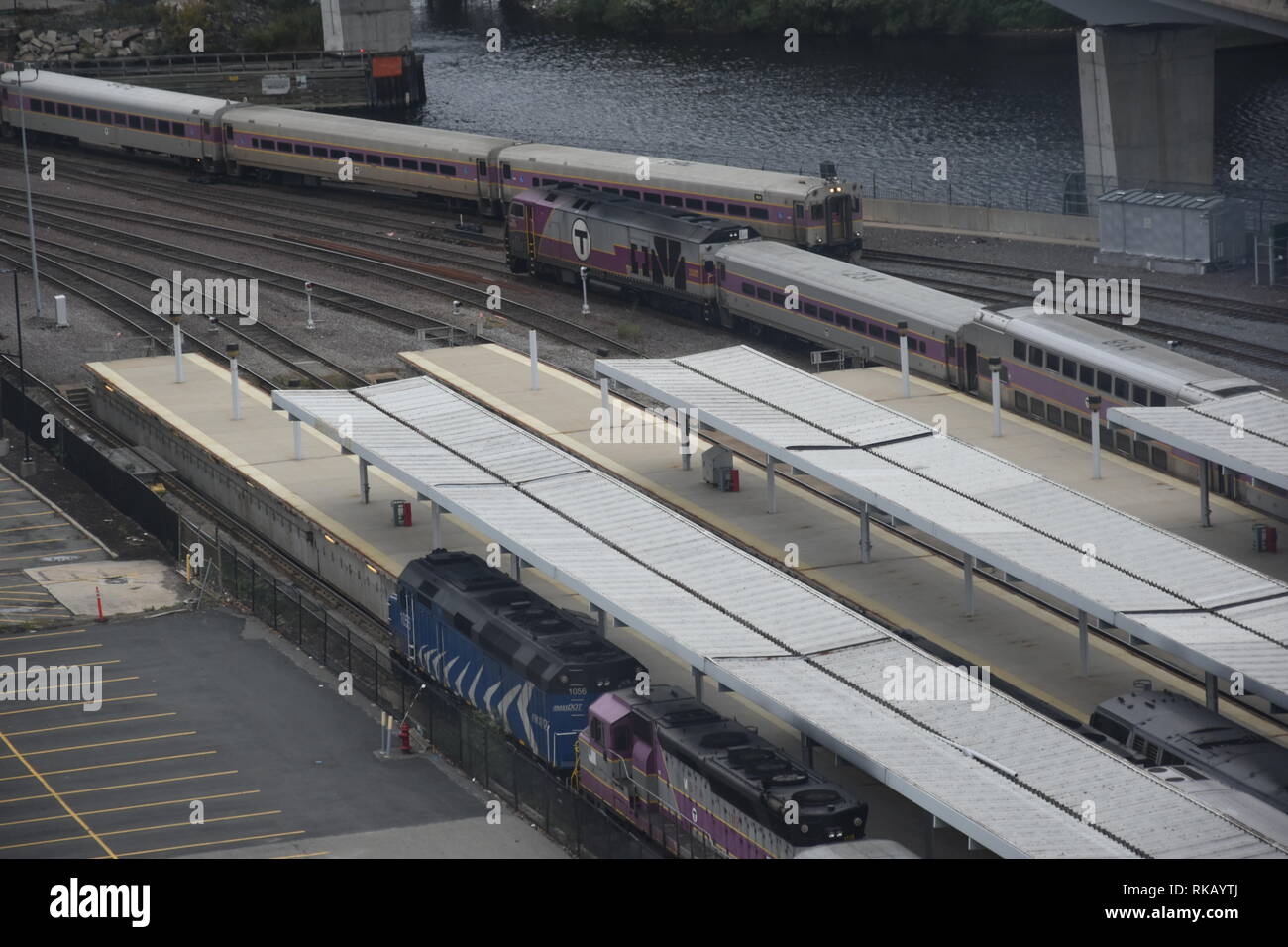 Amtrak and MBTA trains at the terminals of Boston's North Station as ...