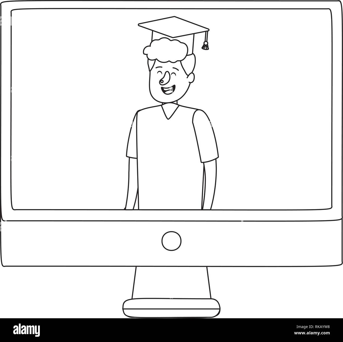 online education man inside computer screen cartoon vector illustration ...