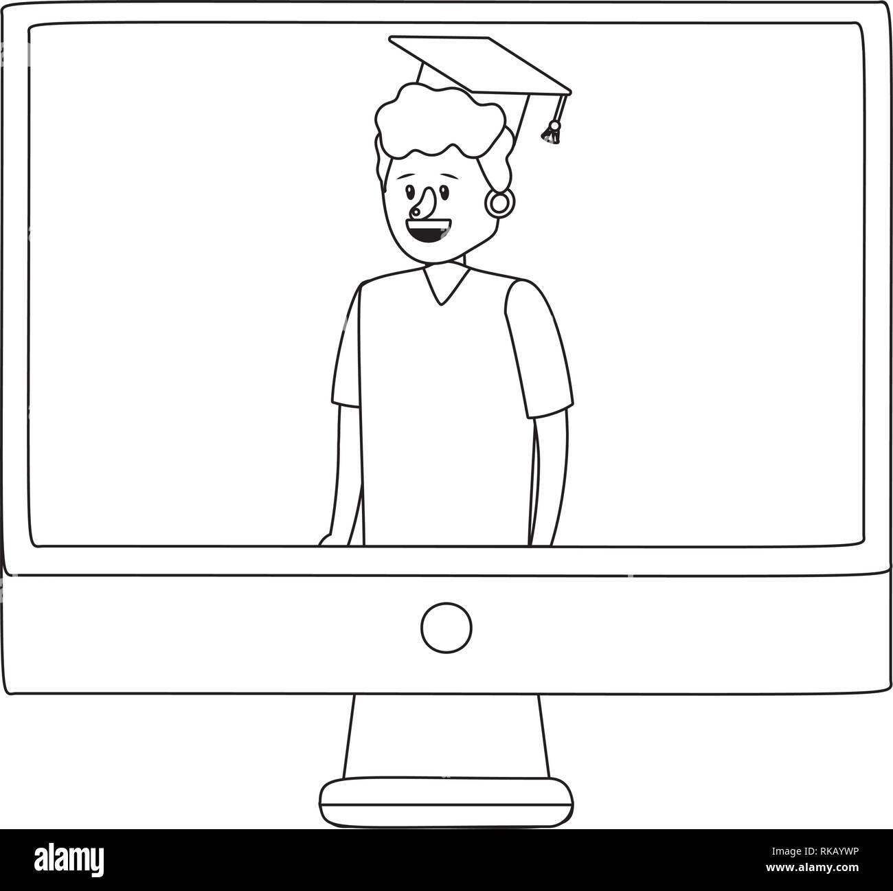 online education man inside computer screen cartoon vector illustration ...
