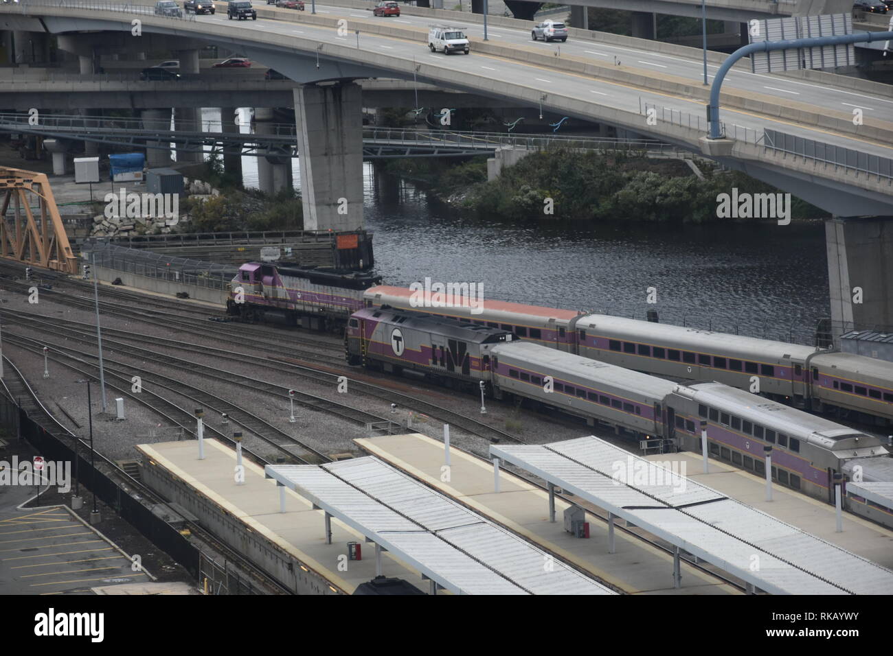 Amtrak and MBTA trains at the terminals of Boston's North Station as ...