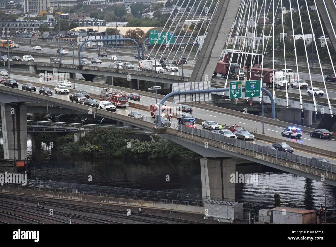 Boston's icon Leonard P. Zakim Bunker Hill Memorial Bridge spanning the ...