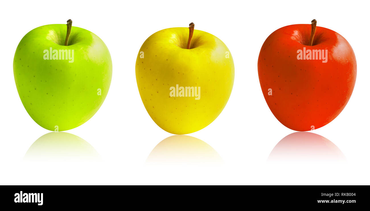 Close-up of three colorful fresh Apples with reflection on white ...