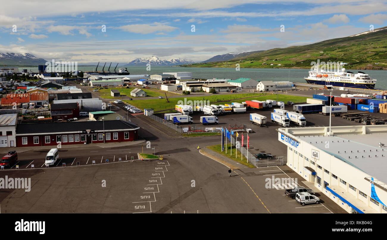 The port of Akureyri at the head of the Eyjafjordur in northern Iceland ...