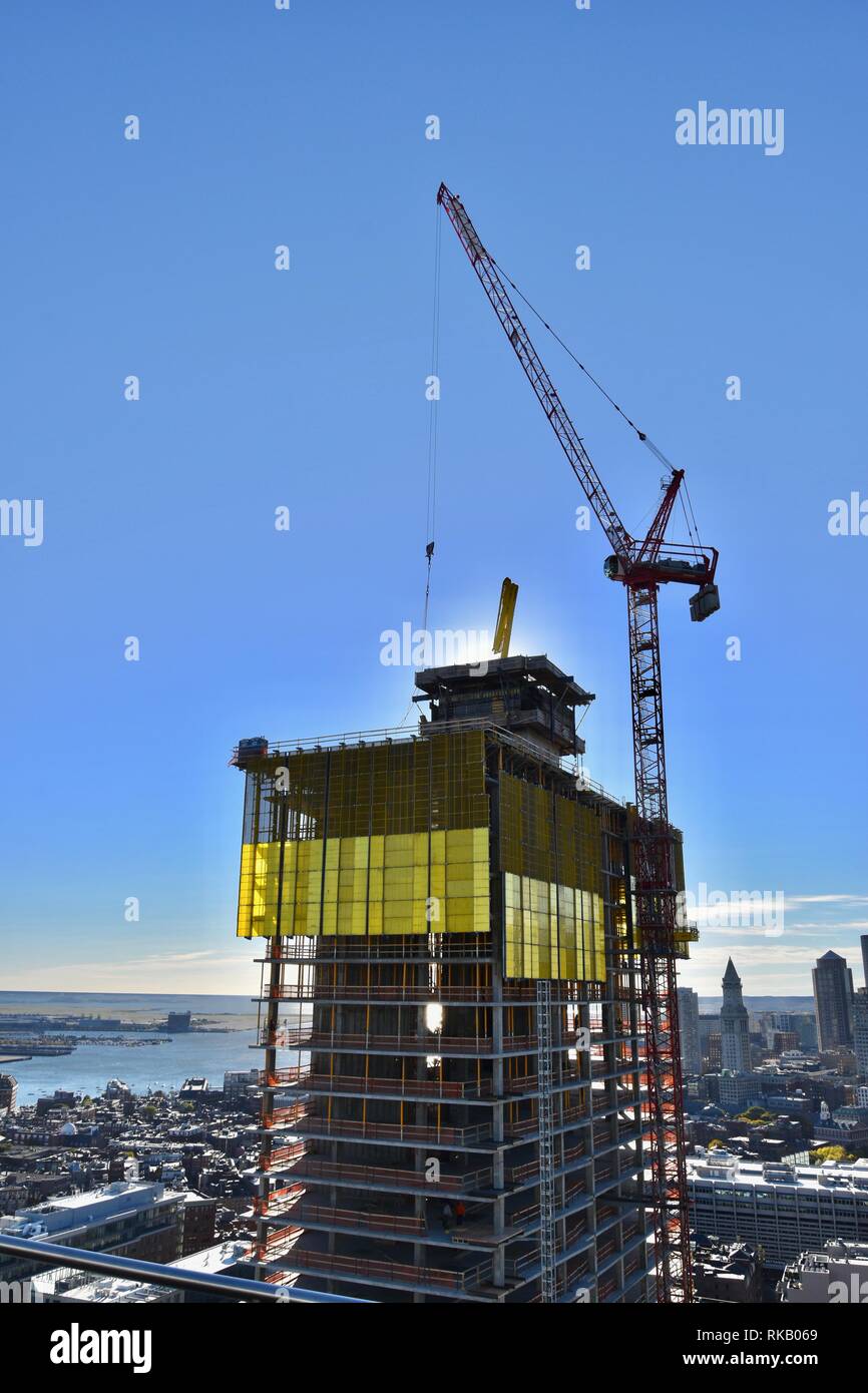 View of the Boston skyline seen from the Avalon North Station roof deck ...