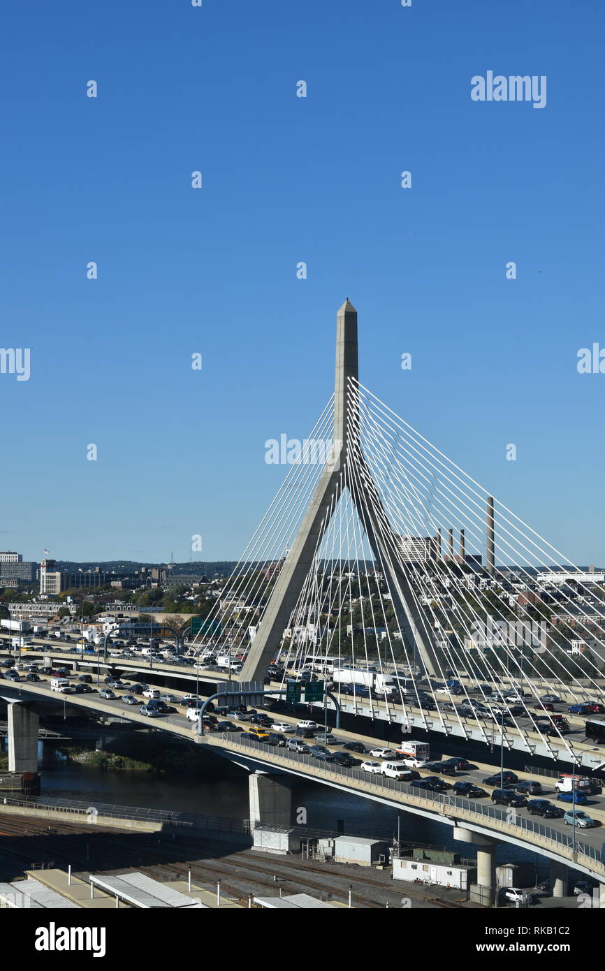 Boston's icon Leonard P. Zakim Bunker Hill Memorial Bridge spanning the ...