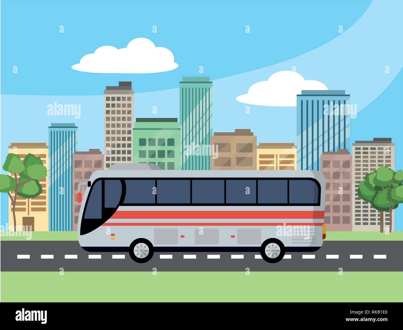 transportation concept bus in front city landscape cartoon vector ...