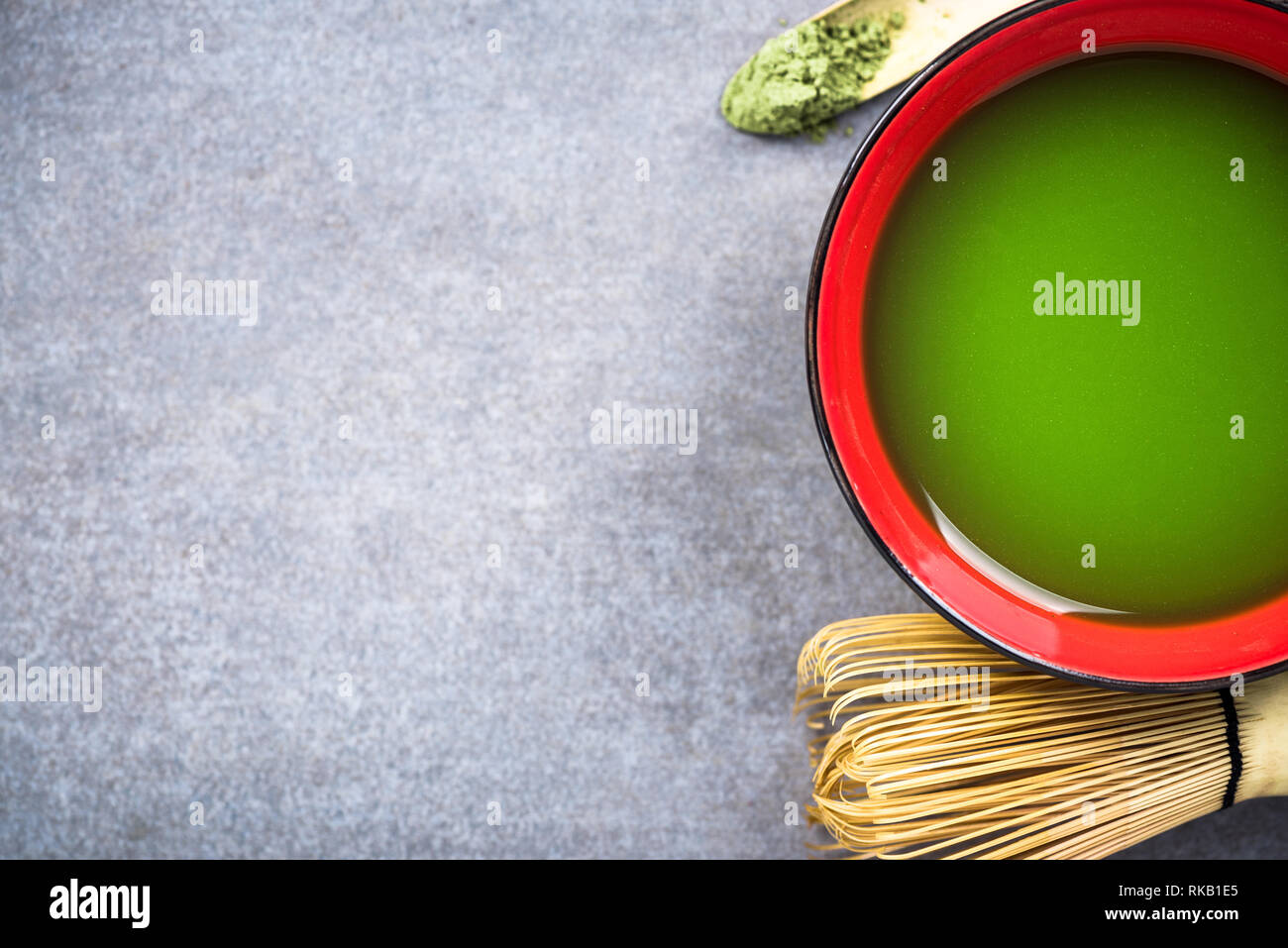 Making atcha green tea ceremony. Slate background, copy space Stock ...