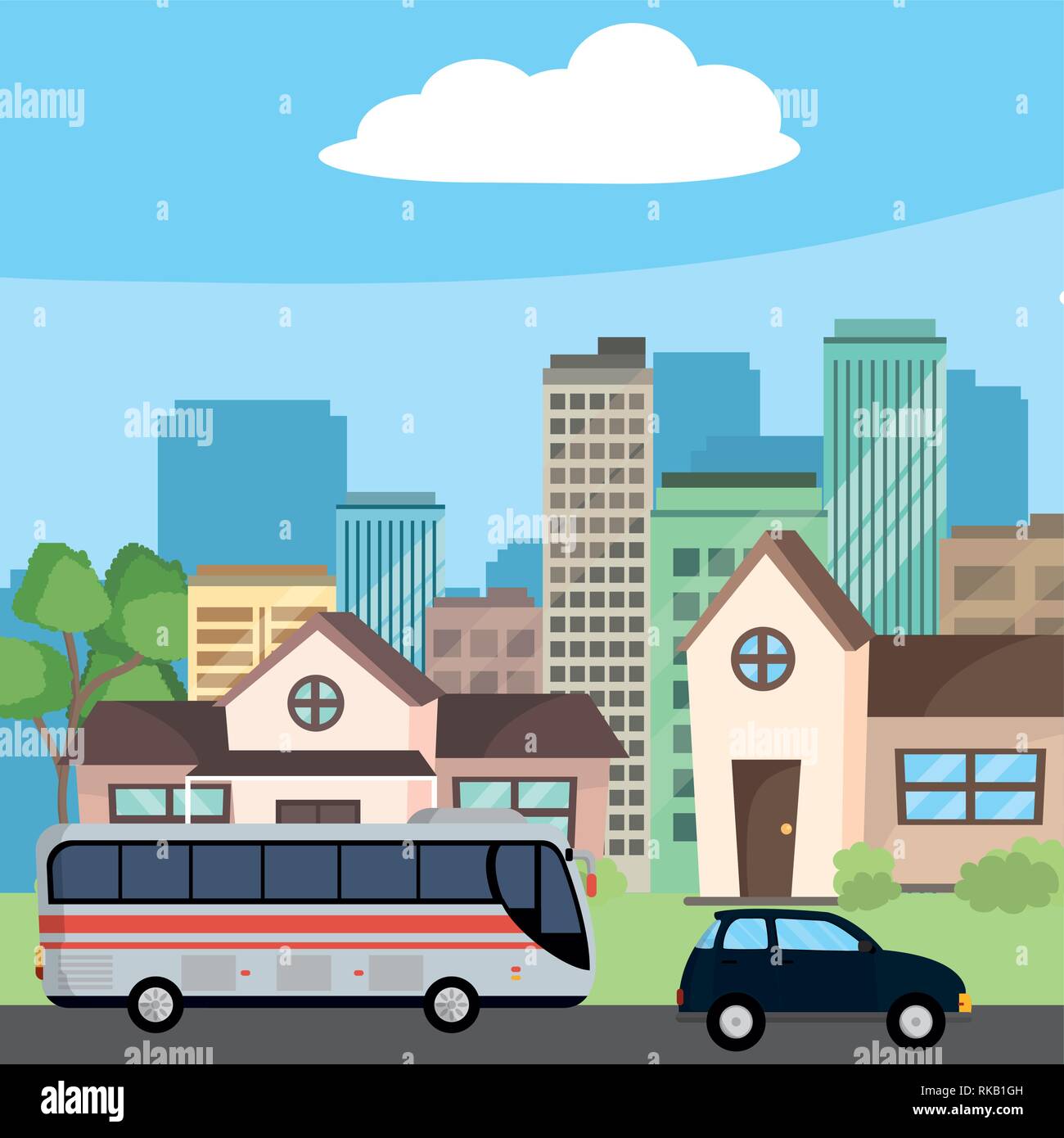 transportation concept car with bus at urban scene in front city ...