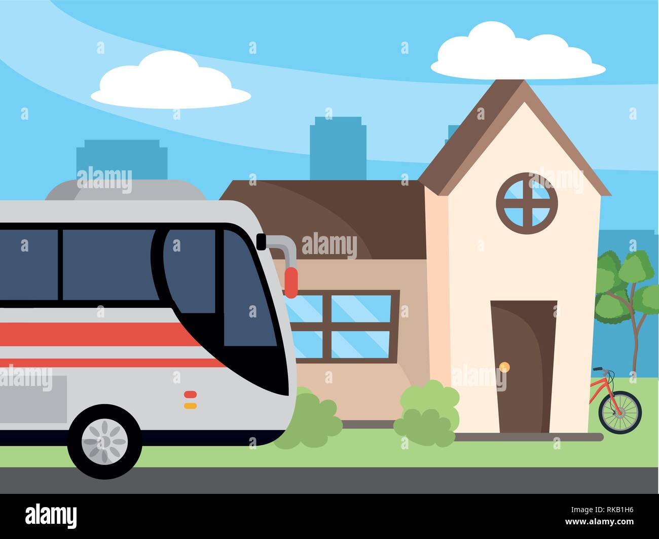 transportation concept bus in frotn house and bike cartoon vector ...