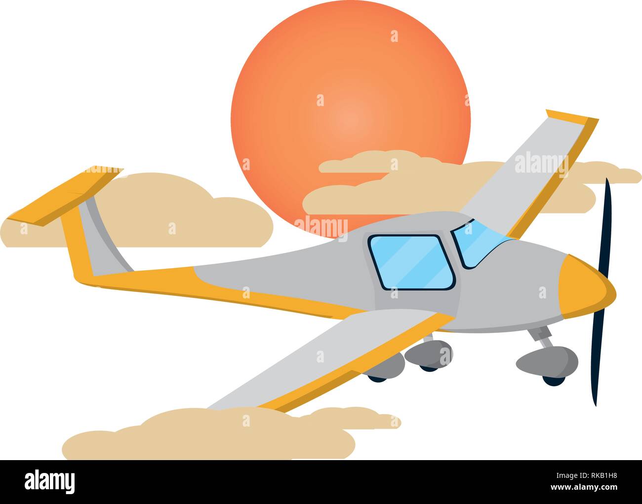 transportation concept small plane flying between clouds and sun at ...